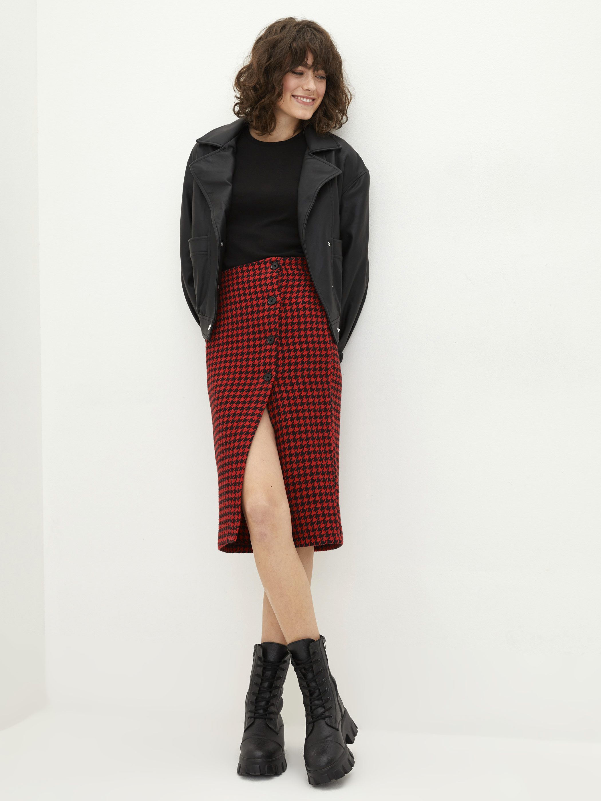 LCW CLASSIC Beli Lastikli Kazayağı Desenli Gabardin Kumaş Kadın Kalem Etek